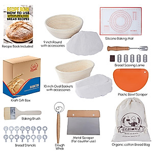 17 Pieces Banneton Bread Proofing Basket Set - 9 inch Round and 10 inch Oval Sourdough Bread Proofing Baskets - A Complete Bread Making Kit, Danish Whisk, Bowl Scraper, Dough Scraper, & Bread Lame