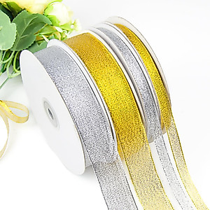 Isaspire 3/8" Width x 50 Yards Metallic Glitter Ribbon with Spool, Silver Glitter Ribbon Perfect for Gift Wrapping, Festival Decoration, Wedding, Christmas, DIY Craft Projects