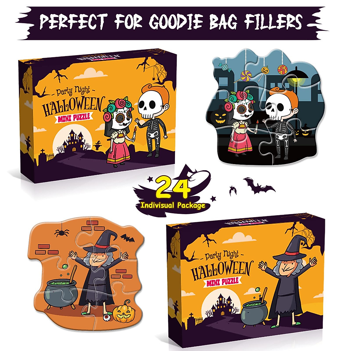 Shemira Halloween Party Favor for Kids, 24 Pack Jigsaw Puzzles in Halloween Theme Designs for Trick or Treating, Halloween Goodie Bag Filler, Halloween Miniatures Novelty Toy, School Classroom Reward