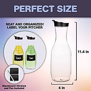 Umien 50 Oz Water Carafe with Flip Top Lid set of 2, Clear Plastic Pitcher for Milk, Iced Tea Beverage, Cold Brew and Mimosa Bar. Drink Containers for Fridge - BPA-Free (Wide Round)