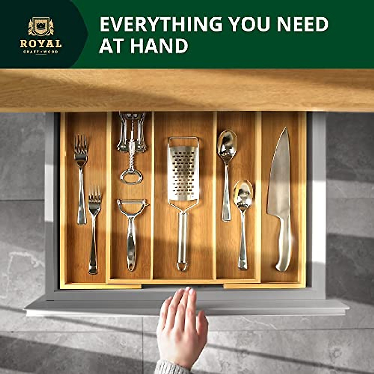 ROYAL CRAFT WOOD Luxury Bamboo Kitchen Drawer Organizer - Expandable Utensil Organizer for Drawer - Utensil and Silverware Holder and Cutlery Tray (Natural, 19.6"x17")