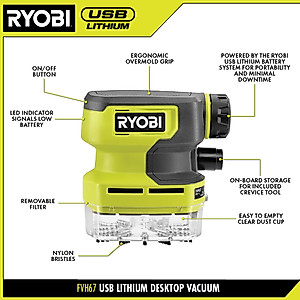 Ryobi USB Lithium Desktop Vacuum Kit with Battery and Charger, Green, FVH67K