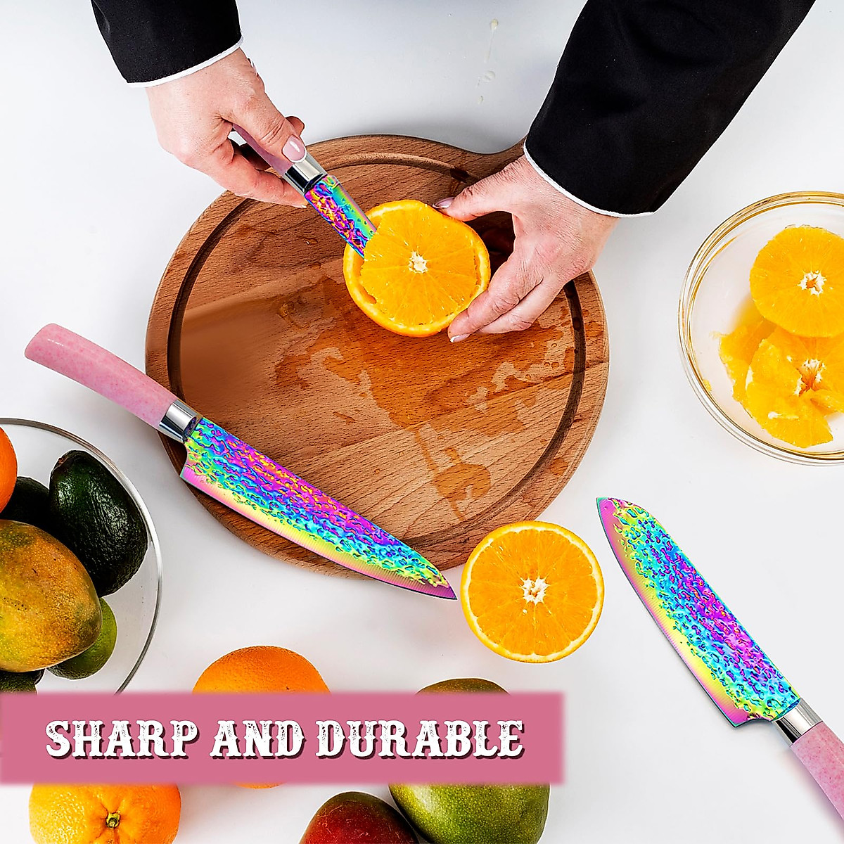 Rainbow Kitchen Knife Set Non Stick Knives with Wood Storage, Serrated Steak Knife, Chef Knife, Scissors with Built-in Sharpener, 14Pcs Ultra-Sharp Cutlery Block Sets for Home & Pro Use Best Gift
