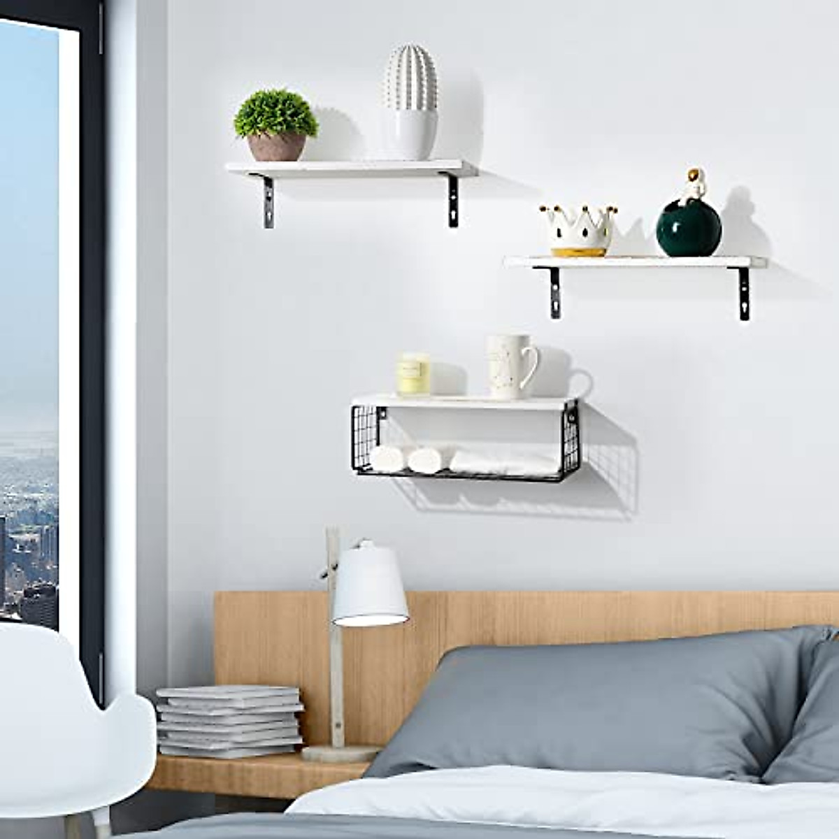 Floating Shelf ,Floating Shelves Wall Mounted Set of 3 ,Solid Wood Floating Shelves with Brackets and Basket Set,Rustic Wood Wall Shelves for Kitchen Living Room,Bedroom Shelves,Bathroom Shelf (White)