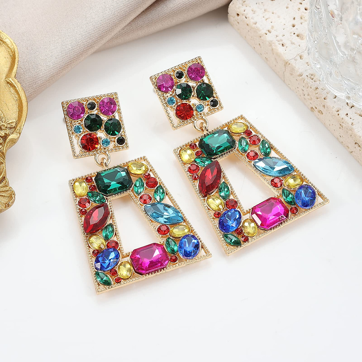 Canboer Colorful Rhinestone Rectangle Dangle Earrings Sparkly Geometric Drop Statement Earrings Hypoallergenic for Women Party Prom