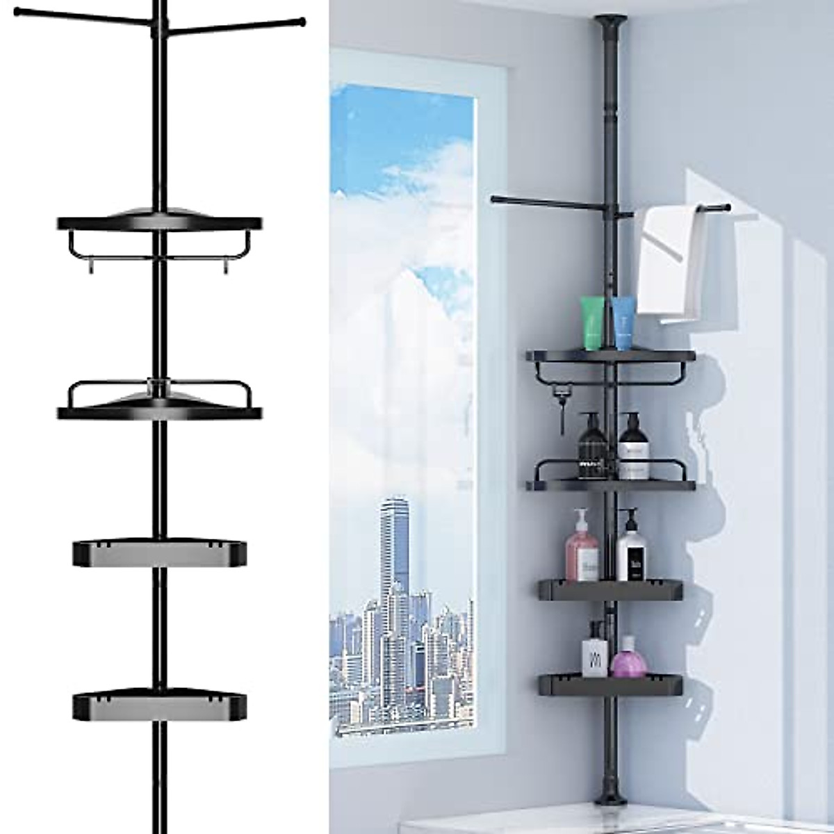 Corner Shower Caddy Tension Pole - Shower Organizer Tension Pole with 4 Shelves,Rust Resistant Stand Tension Rod Shower Caddy for Bathtub,Bathroom,RV,Kitchen Storage - Black,54-114” Adjustable