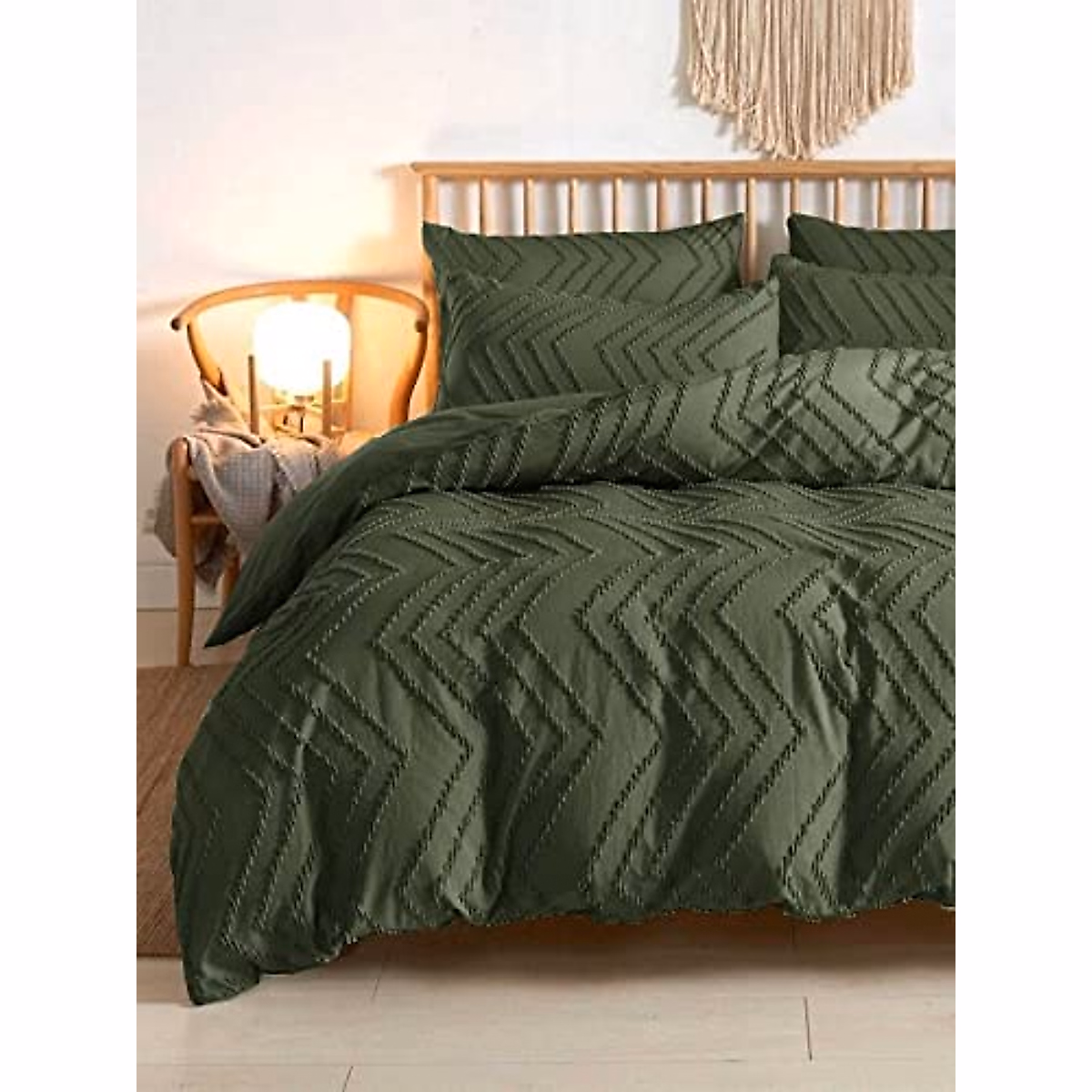 Nanko King Comforter Set Dark Green Tufted Jacquard Boho Soft Shabby Chic Reversible Down Alternative Microfiber Bedding - All Season Duvet Bohemia Bed Sets Women Men Size 104 x 90 3pc, Green