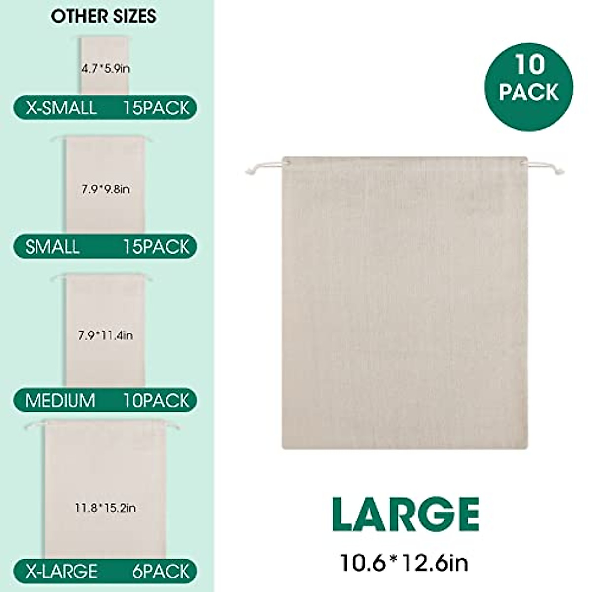 colmeguna 10 Pack 11x13 inch Reusable Produce Bags, Handmade Unbleached Cotton and Linen Fabric Bags with Drawstrings for Shopping & Storage Vegetable Bread Accessories (Large)