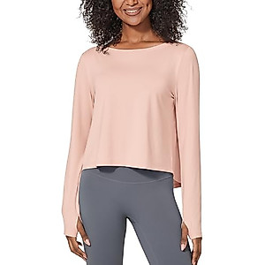 G4Free Workout Shirts Women Loose Fit Long Sleeve Work Out Tops Gym Basic Boxy Running Crop Shirts Thumb Holes Tee(Pink, M)