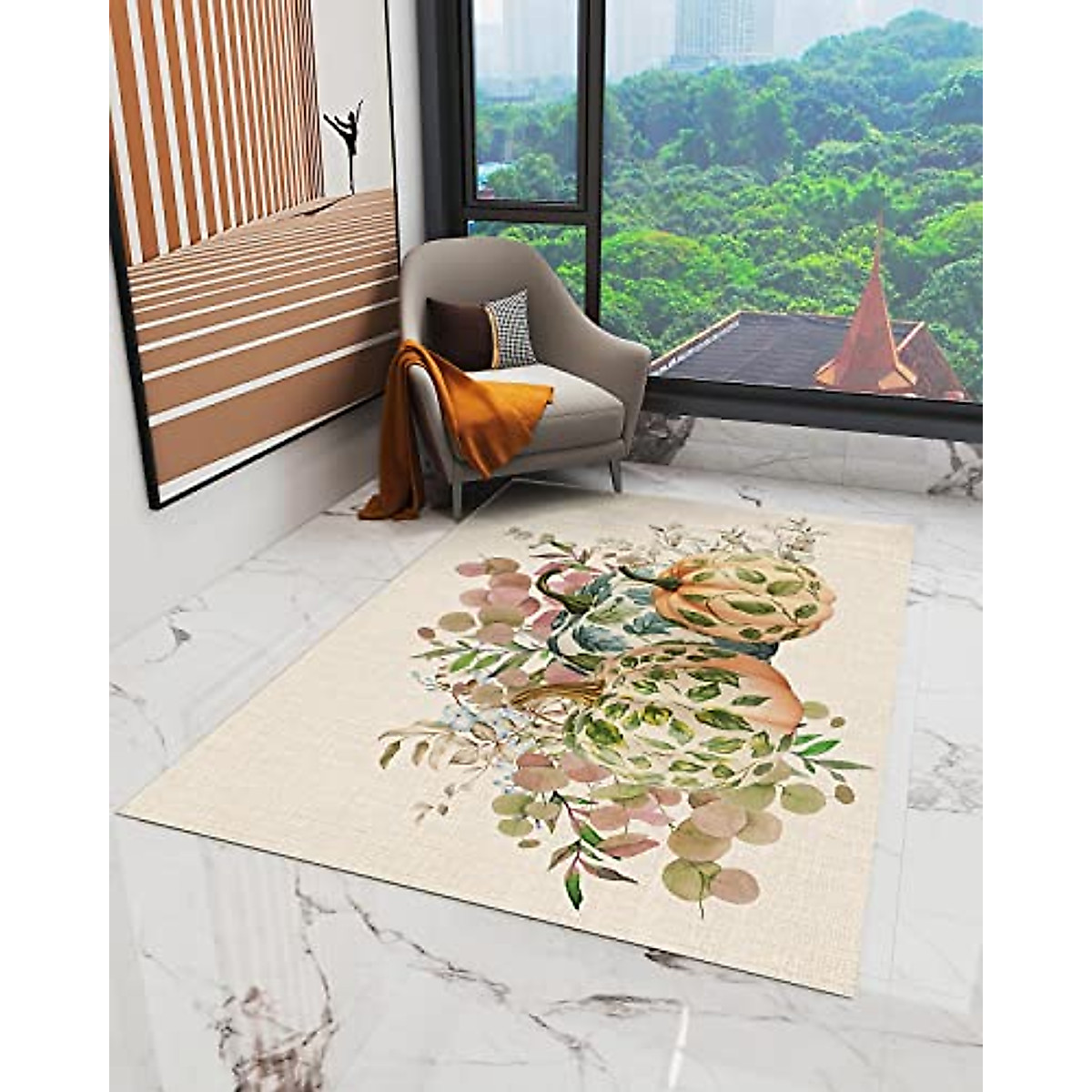 Leaves Pumpkins Large Rectangular Area Rugs 5' x 7' Living Room, Durable Non Slip Rug Carpet Floor Mat for Bedroom Bedside Outdoor Fall Thanksgiving Green Eucalyptus Burlap