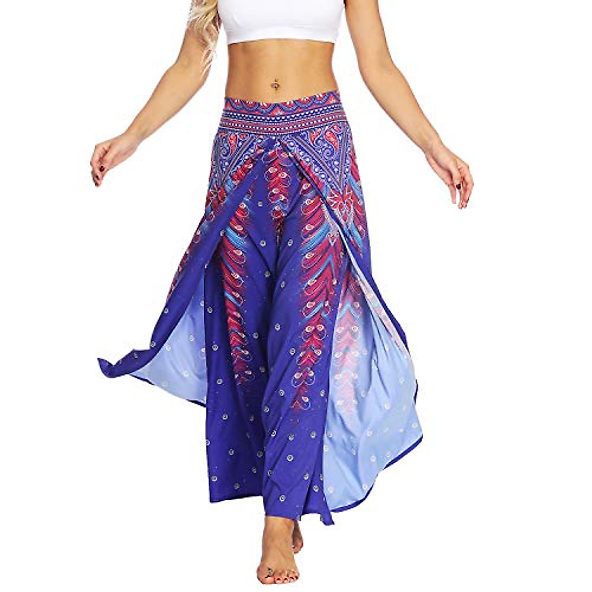 Lu's Chic Women's Boho Yoga Pants Palazzo Slit Pants Wide Leg Dance Indian Loose Bohemian Pants Style3 Small-Medium