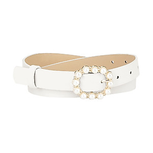 Allegra K Womens Pearl Waistband Skinny Leather Adjustable Pin Buckle Belt for Jeans Dresses Pants 75-90cm/29.53"-35.43" White
