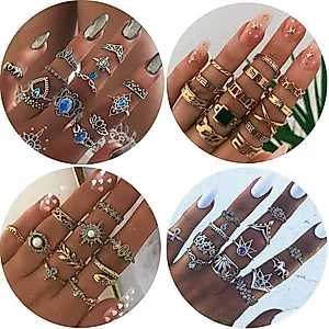 49Pcs Vintage Crystal Knuckle Rings Set Gemstone Boho Stackable Finger Rings Midi Ring for Women Hollow Carved Flowers Gold&Silver Ring Crystal Joint Rings