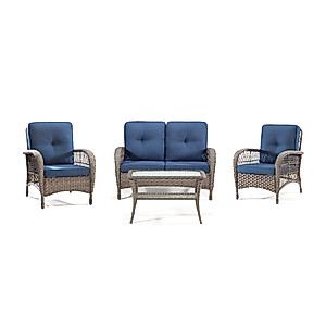 Gardenbee Rattan Patio Furniture Set 4-Piece Wicker Outdoor Furniture Conversational Set with 1 Three-Seat Sofa, 2 Chairs, 1 Coffee Table - Outdoor Wicker Furniture Set with Cushions(Brown/Blue)