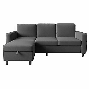 Sectional Sofa Couches for Living Room - 78'' Dark Grey 3 Seat L-Shaped Couch with Storage Ottoman, Modern Linen Convertible Sectionals Sofas with Chaise for Apartment, Office, Small Space