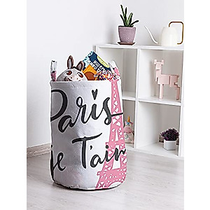 Ambesonne Paris Laundry Bag, Je Taime Lettering Vintage European Symbol of Romance Eiffel Tower Heart Shapes, Hamper Basket with Handles Drawstring Closure for Laundromats, 13" x 19", White Baby Pink