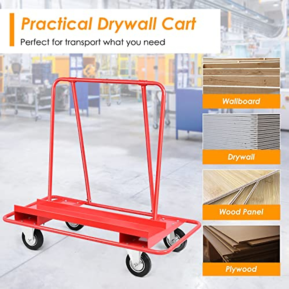 Goplus Drywall Sheet Cart, Heavy Duty Panel Dolly Cart with 4 Swivel Wheels, Handling Wall Panel, Sheetrock, Wood Panel, Rolling Dolly for Garage, Home, Warehouse