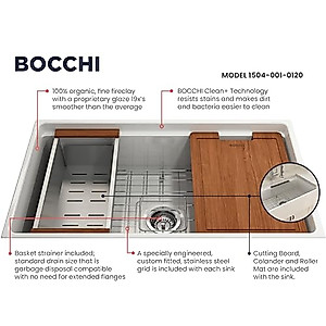 BOCCHI Contempo Workstation Apron Front Step Rim Fireclay 33 in. Single Bowl Kitchen Sink with Accessories in White