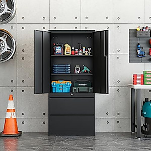 heycode File Cabinet with 2 Drawers - Metal Vertical Lateral Filing Storage Cabinet with Lock - Storage Cabinet with File Cabinet for Home Office Hanging Files Legal/Letter/A4 Size (Black, 2 Drawers)