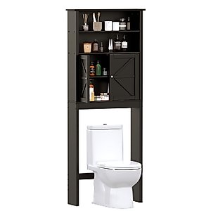 Reettic Tall Over The Toilet Storage with Two Doors, Free Standing Bathroom Space Saver with Inner Adjustable Shelf, Wooden Bathroom Cabinet Organizer Over Toilet, Black BMGZ151B