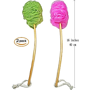 Shower Loofah Body & Back Scrubber - Exfoliating Loofah luffa loofa Bath Brush On a Stick - with Long Wooden Handle Back Brush for Men & Women - Easy Reach Body Wash & Lotion Applicator 2-Pack