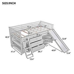 ATY Wooden Twin Size Low Loft Bed, Bedroom Bunkbed Frame with Attached Bookcases & Separate 3-Tier Drawers, Convertible Ladder and Slide, Home Furniture for Saving Space, White