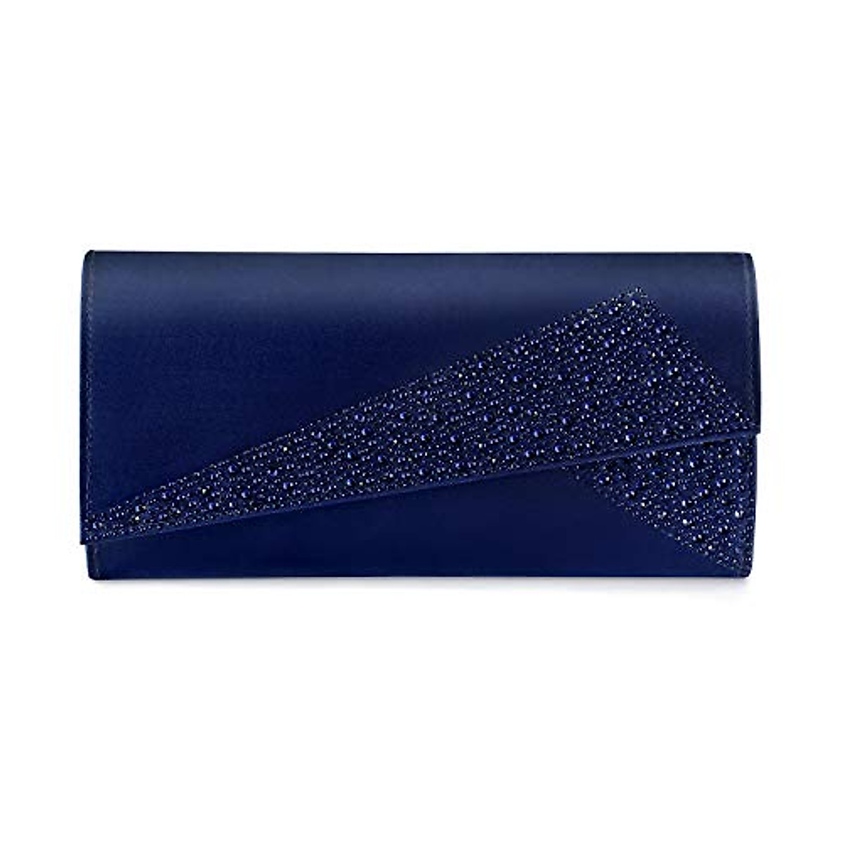 Mulian LilY M092 Women Satin Rhinestones Evening Bags Prom Bridal Clutch Purse Cross Body With Detachable Chain Strap Navy