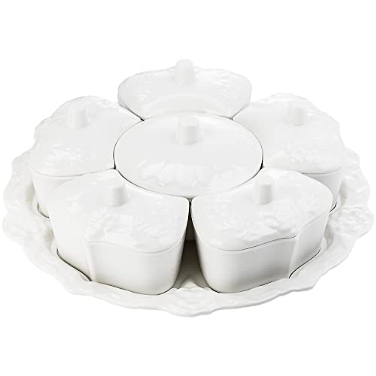 Lyellfe Divided Serving Dishes, Plastic Snack Appetizer Tray with Lid, 13 Inch Dry Fruit Veggie Bowls with 6 Compartments, White Relish Tray for Candy, Chips and Dip, Veggie