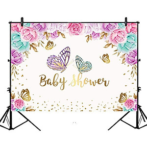 Avezano 7x5ft Butterfly Baby Shower Backdrop Spring Floral Butterfly Baby Shower Gold Dots Background Vinyl Flowers Golden Butterfly Baby Shower Backdrops Decorations