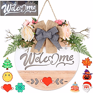 Interchangeable Welcome Sign with Automatic Induction Light, Welcome Sign for Front Door, Welcome Door Sign with 8 Interchangeable Seasonal Icons, Welcome Sign Wall Hanging Farmhouse(Wood Grain)