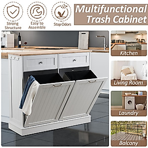 OUTGUAVA Double Tilt Out Trash Cabinet Free Standing Recycling Trash Cabinet with Hideaway Drawers, 2x13 Gallons Pet Proof Trash Can Cabinet for Kitchen Living Room (White)