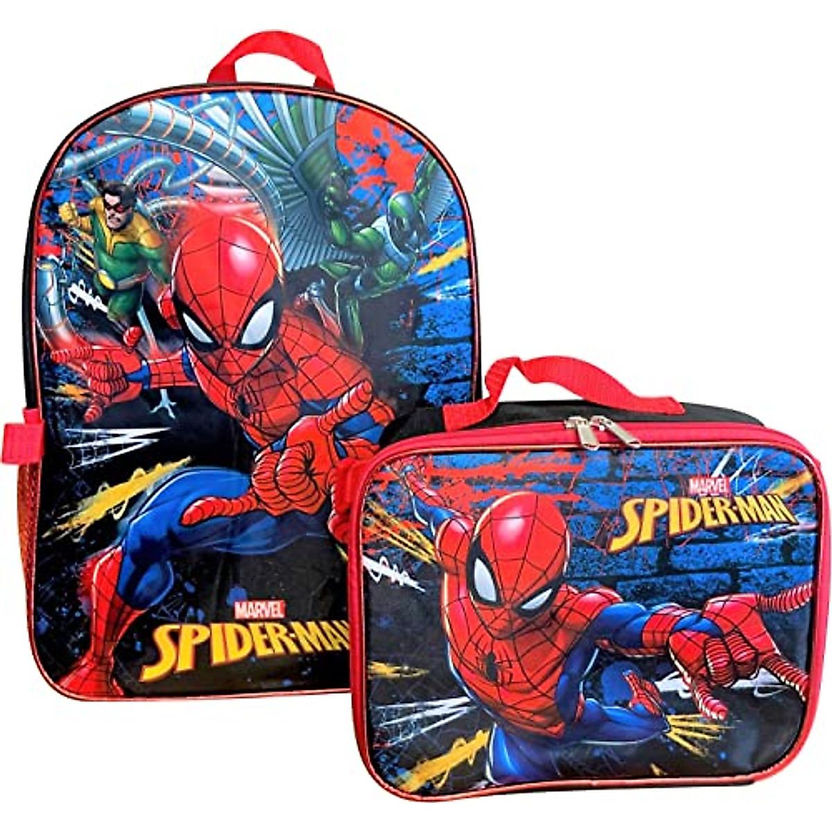 Ruz Spiderman Boys 16 Inch Backpack With Removable Matching Lunch Box Set (Black-Red)