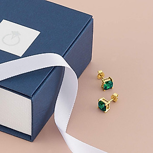 Peora Solid 14K Yellow Gold Created Emerald Stud Earrings for Women, Classic Solitaire, Cushion Cut 6mm, 1.75 Carats total, Friction Back