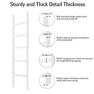 POXAKA Blanket Ladder, 5-Layer Towel Racks, Blanket Holder with Anti-Slip Construction Home Decor, Decorative Blanket, Quilt, Towel, Scarf Ladder Shelves for Living Room, Bedroom, Bathroom, White