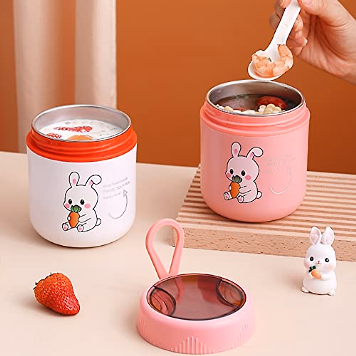 Yanglonghui Thermos with Foldable Spoon, Stainless Steel Thermal Food Container Soup Cup Leak Proof Insulated Lunch Box Hot Cold Food for Office Picnic Travel (White)