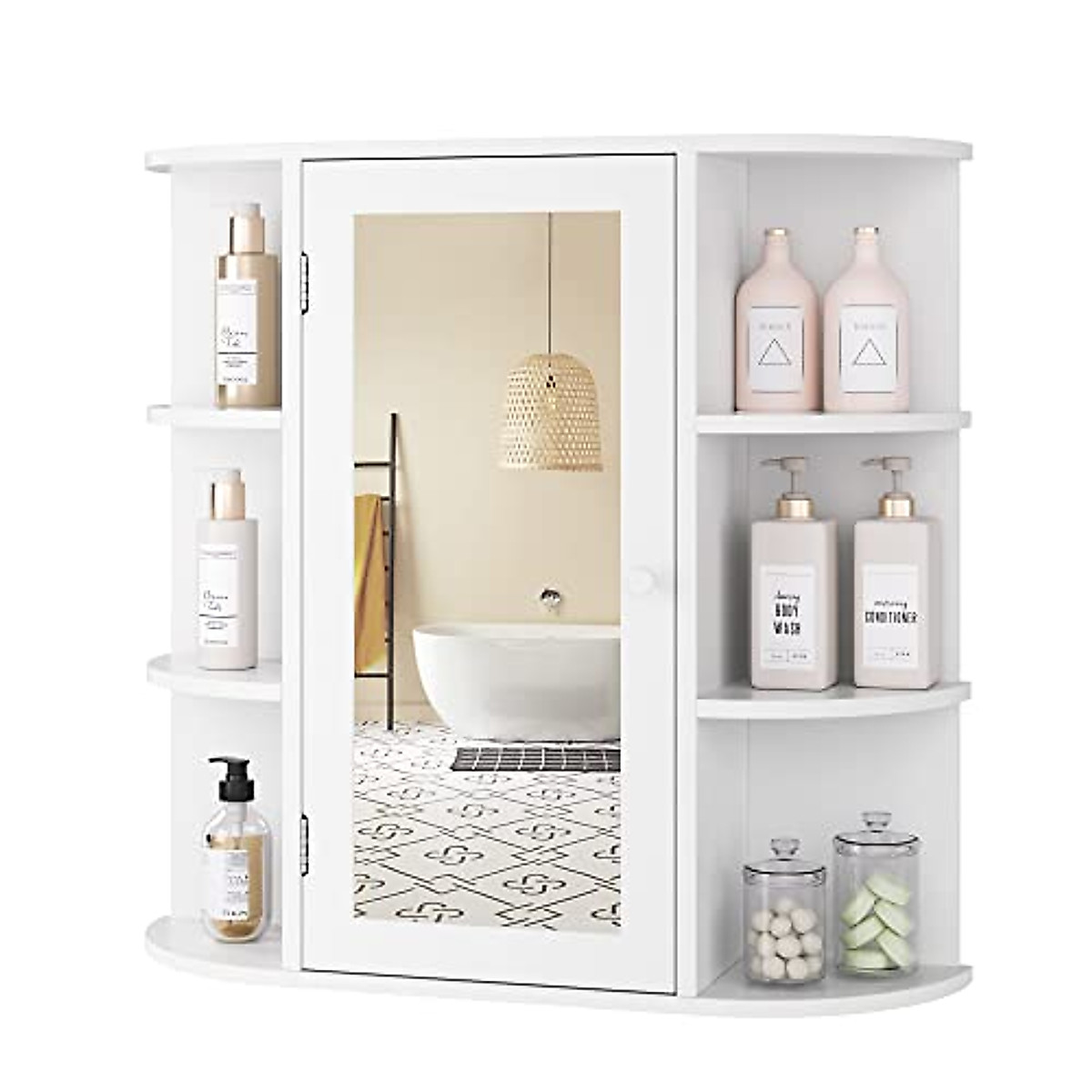 FOTOSOK Bathroom Medicine Cabinet with Single Mirror Door, Wall Mounted Medicine Cabinet with 2 Inner Adjustable Shelves and 6 Open Fixed Shelves, Storage Medicine Cabinet for Bathroom, White