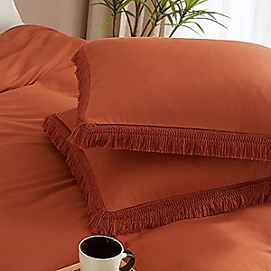 Smoofy Queen Duvet Cover Terracotta Duvet Cover Queen Size, 3 Pieces Bohemian Fringe Tufted Soft Tassel Microfiber Burnt Orange Duvet Cover with Zipper Closure (1 Rust Duvet Cover, 2 Pillowcases)