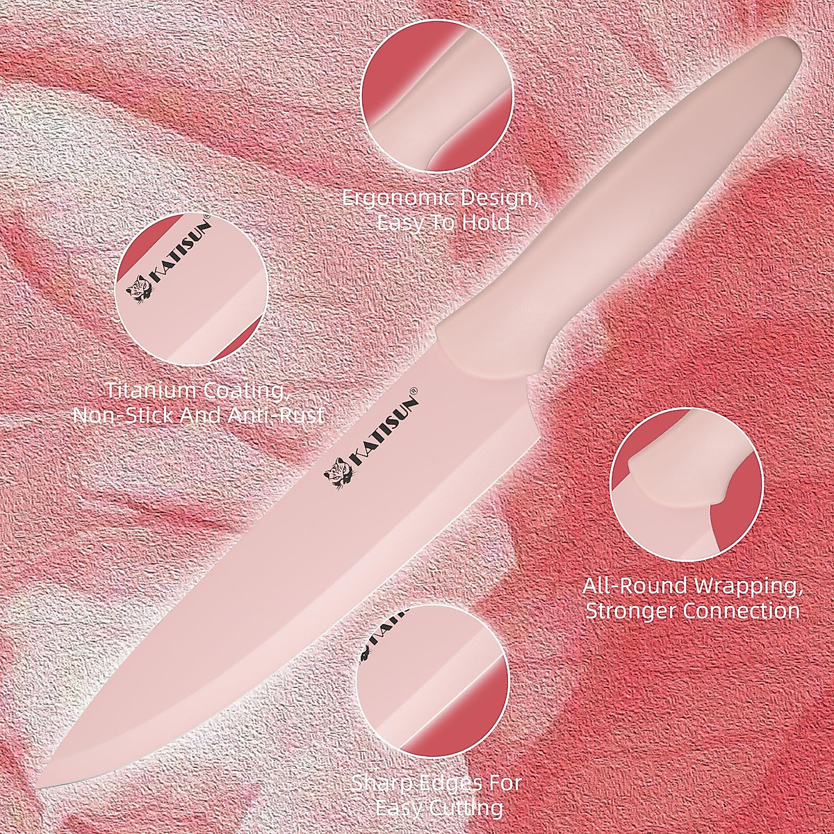 KATISUN Kitchen Knife Set with Guards, 13 Piece Pink Non-Stick Boxed Knives Set, Anti-Rust and Dishwasher Safe, 6 Knives with 6 Blade Covers and Kitchen Shears