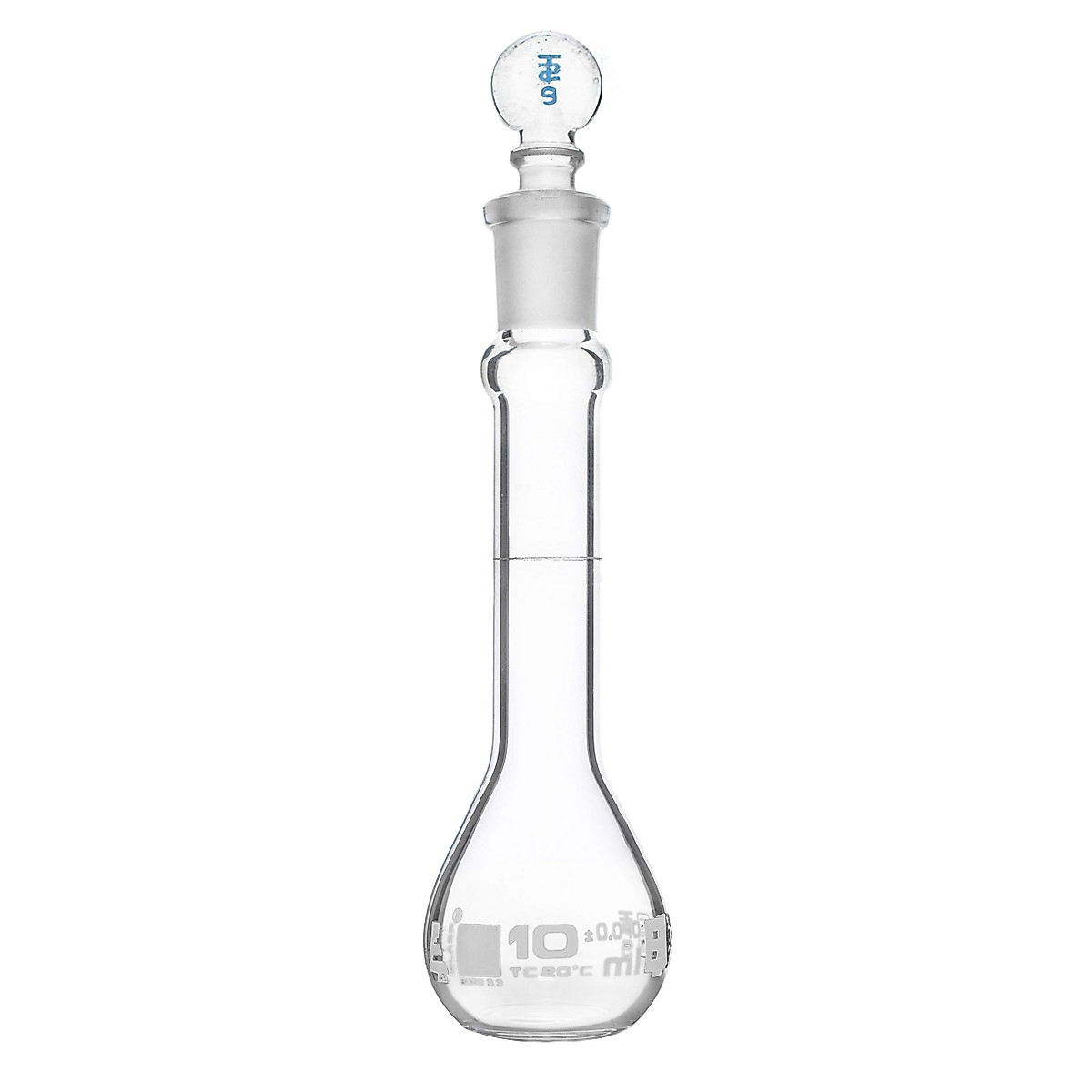 EISCO Volumetric Flask, 10ml - Class B, ASTM - Tolerance ±0.040 ml - Glass Stopper - Single, White Graduation