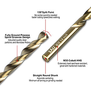 SALI Cobalt Drill Bit Set, 10Pcs 1/4" M35 High Speed Steel Jobber Length Drill Bit Kit for Hardened Metal, Stainless Steel, Cast Iron, Wood and Plastic, with Index Storage Case