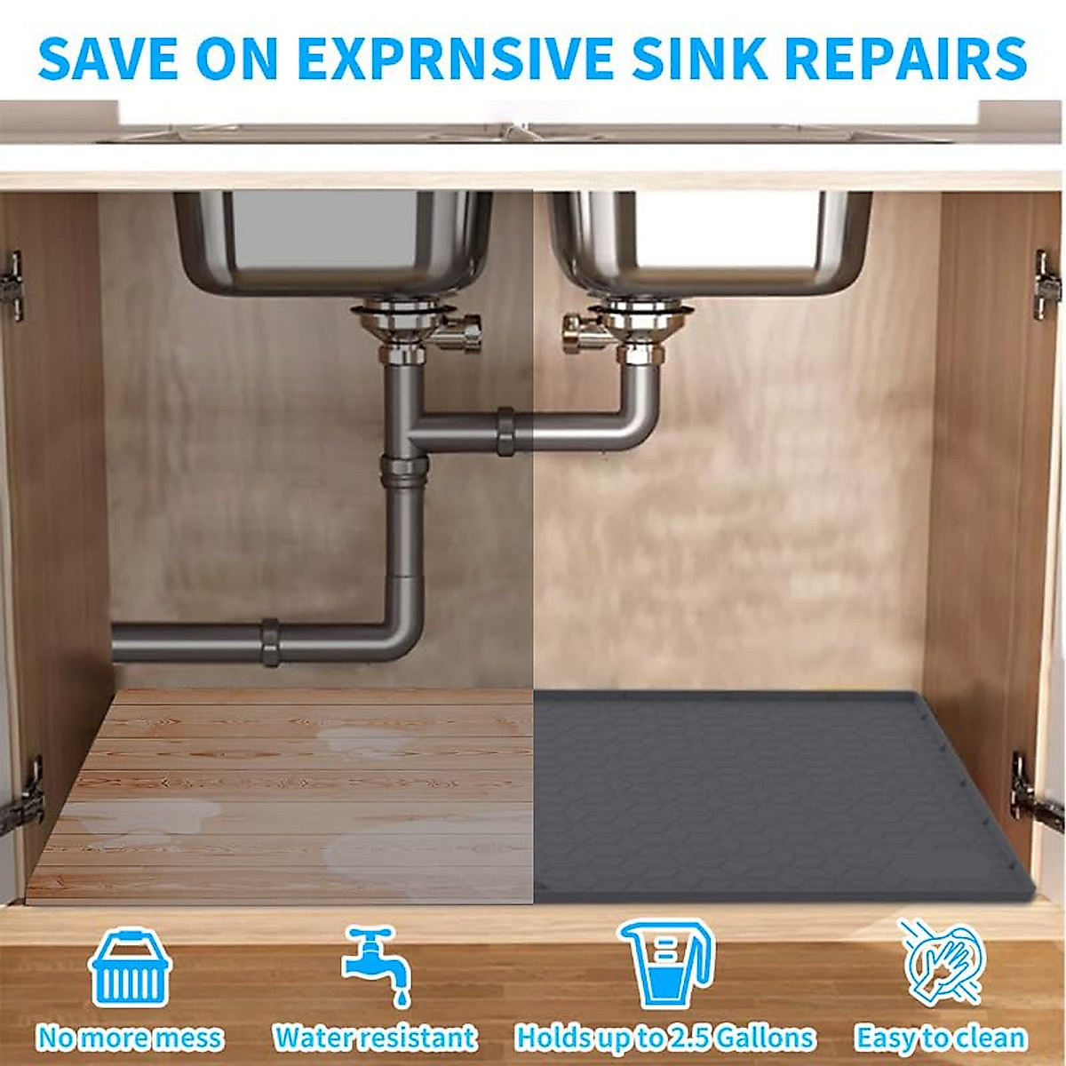 AUMIO Under Sink Mat, Under Sink Mats for Kitchen Waterproof 22" x 34" Under Kitchen Sink Mat Silicone Under Sink Liner Drip Tray with Drain Hole, Sink Cabinet Protector Mat for Kitchen Bathroom Grey