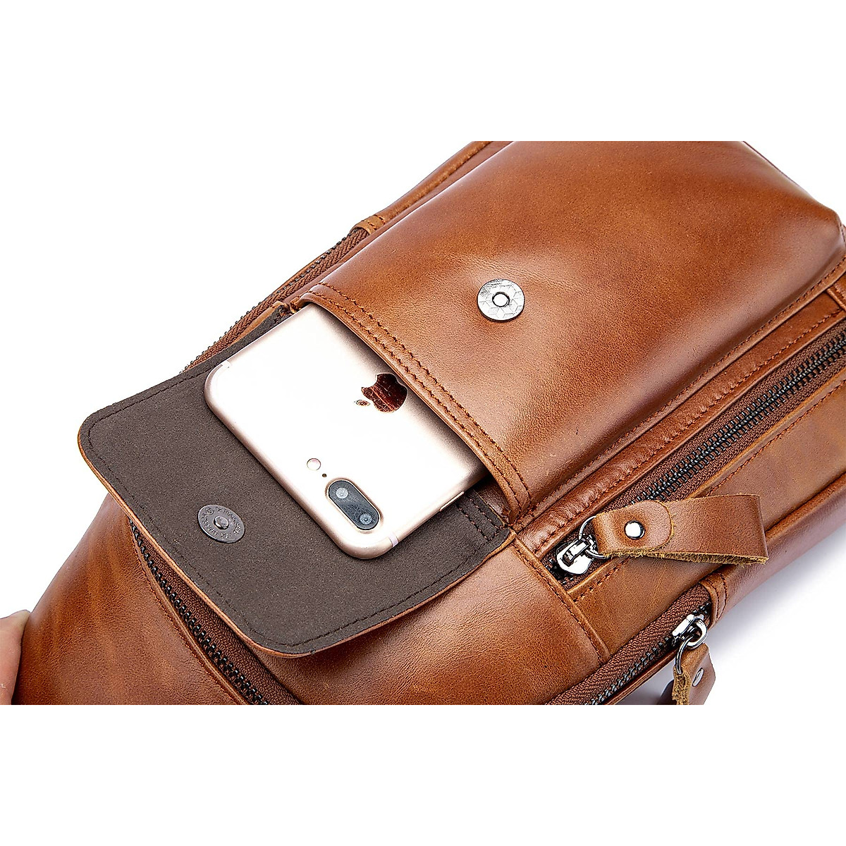 BULLCAPTAIN Genuine Leather Sling Bag for Men Leather Casual Crossbody Shoulder Backpack Travel Hiking Vintage Chest Bags Mens Daypacks (Brown)