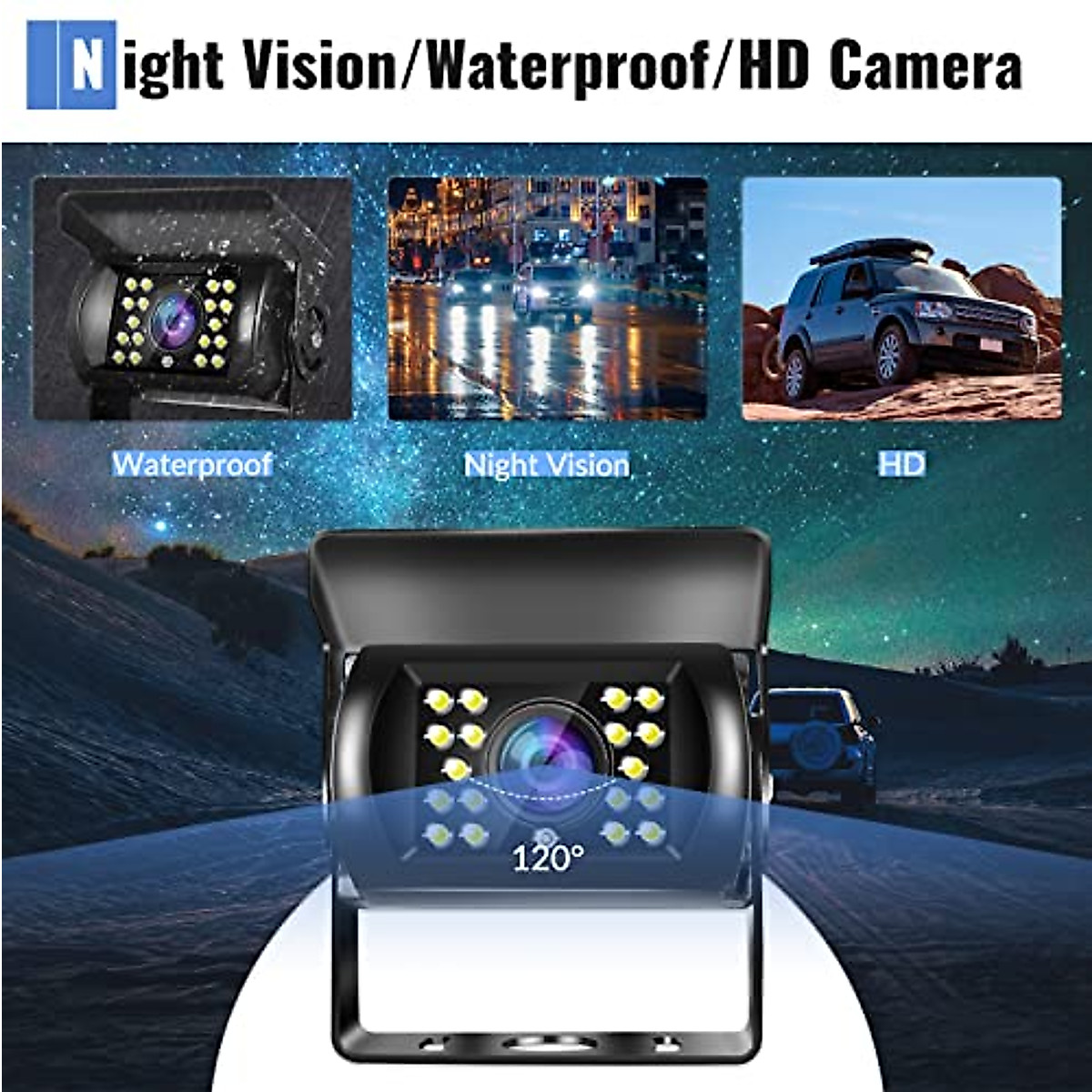 Backup Camera for Truck Rv, 7 inch LCD HD Monitor, IP69 Waterproof, Adjustable Guide Line, 18 IR LED Night Vision, Vehicle Back up Reverse Camera Kit for Trailer/Pickup/SUV/Car/Van/Bus