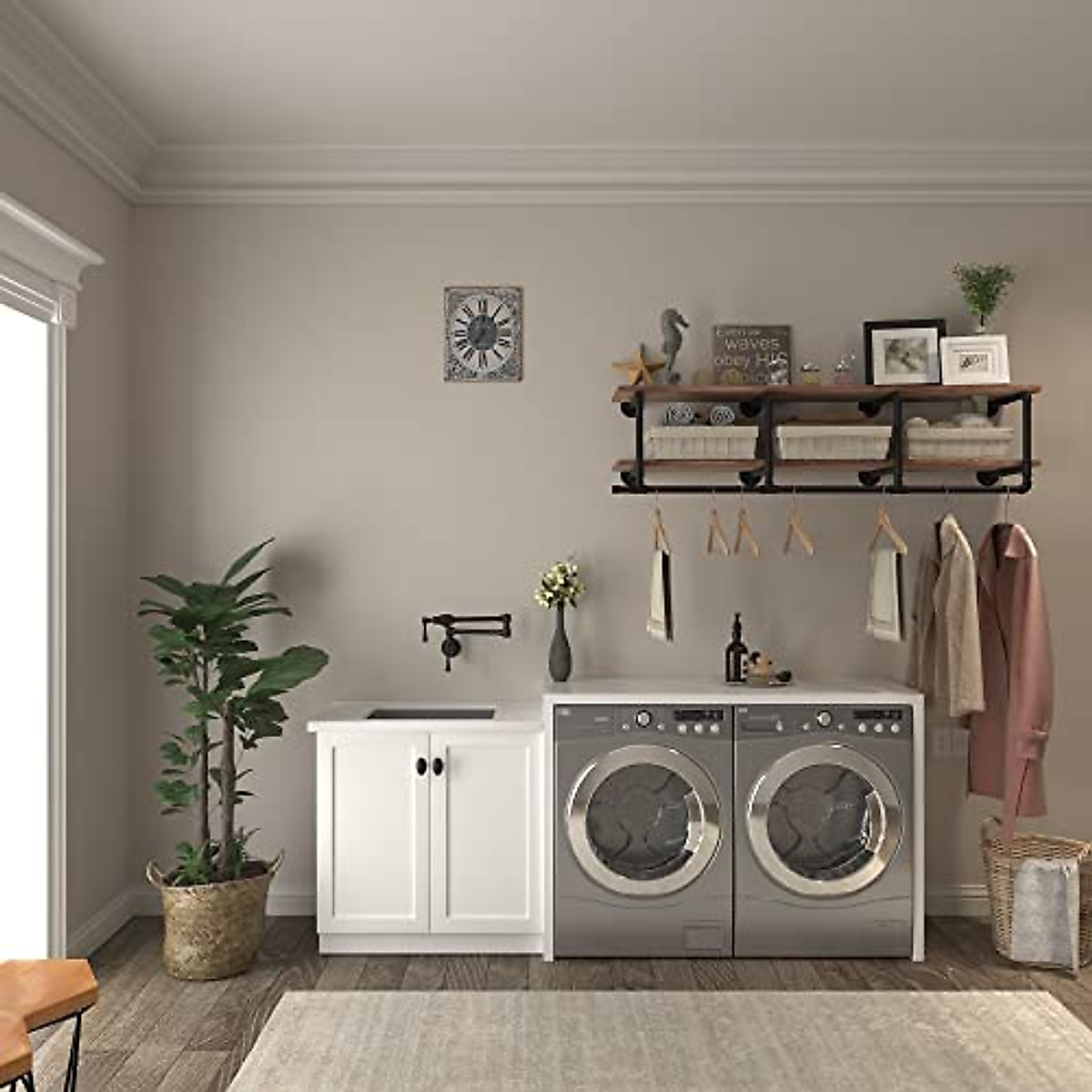 TEDIDUWA 60In Industrial Pipe Clothing Rack with Top Shelf, Space-Saving Wall Mounted Clothes Rack 2 Tiers Pipe Shelves, Shelf with Hanging Rod for Laundry Room, Closet Storage