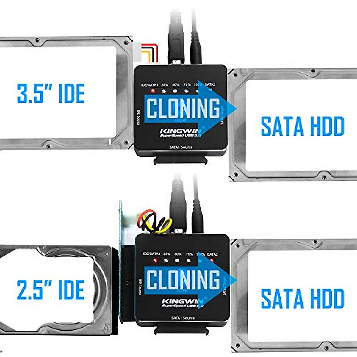 Kingwin USB 3.0 to SSD/SATA/IDE Adapter for 2.5 Inch, 3.5 Inch, 5.25 Inch Hard Drives with Offline One Touch Clone/Duplicator Function, Tool-Free, SATA I/II/III Support, Black, 3 TB (USI-2535CLU3)