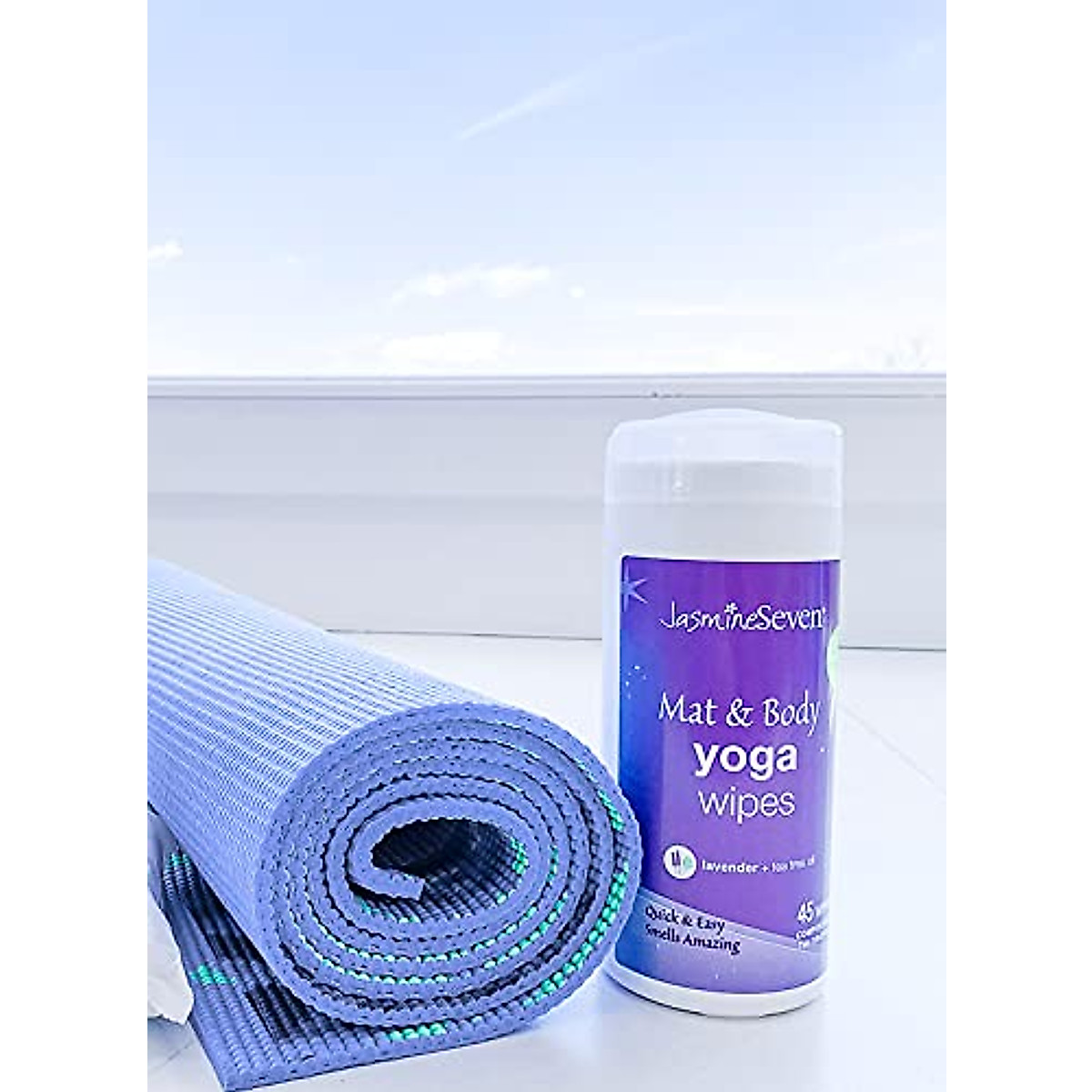 Yoga Wipes for Body and Mat - Natural Lavender and Tea Tree - 45 Wipes in Resealable Canister - by Jasmine Seven - for Home, Studio, Gym, Spa