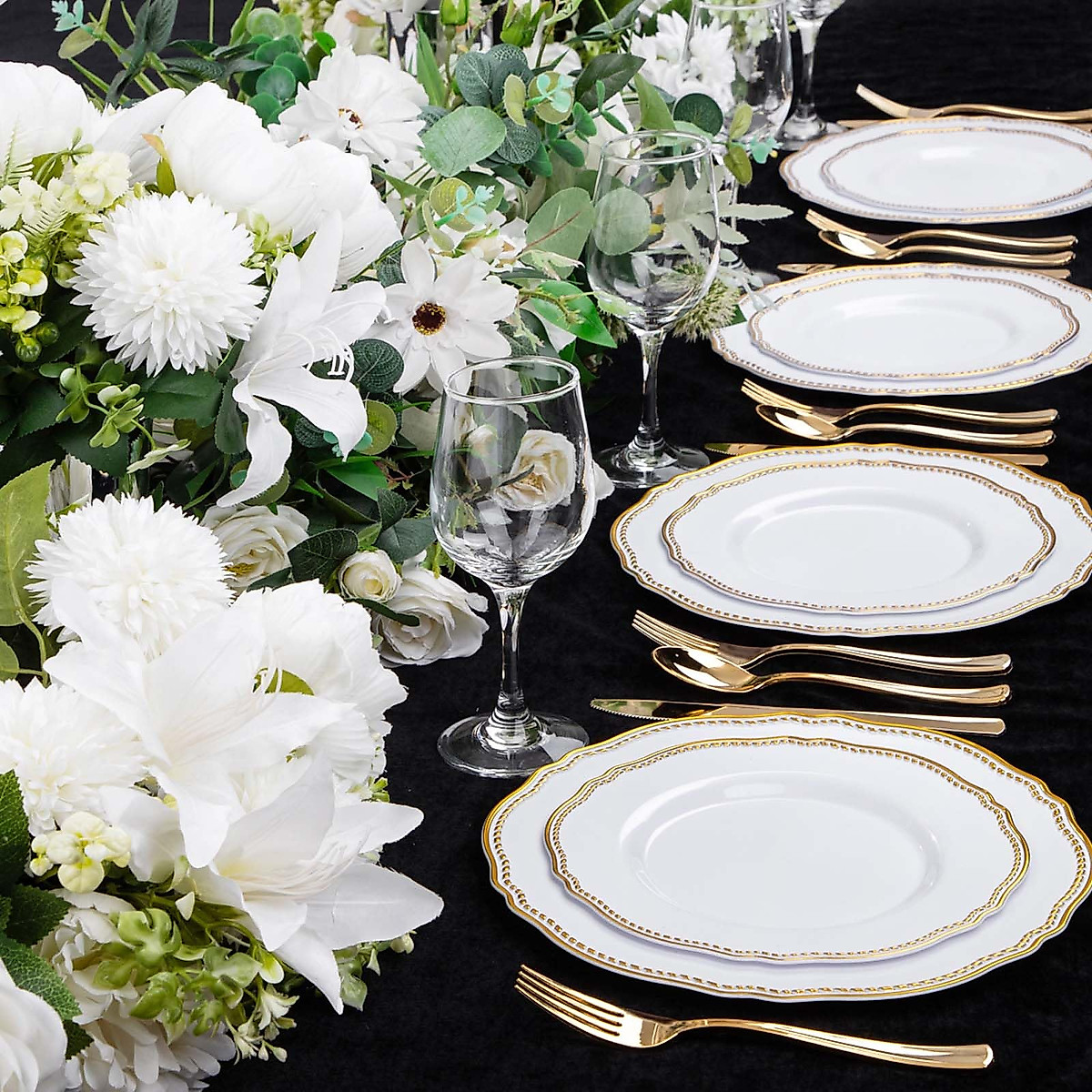 Hioasis 60pcs Gold Plastic Plates - White and Gold Trim Disposable Plates - 10.25 inch Gold Disposable Dinner Plates Perfect for Wedding & Party