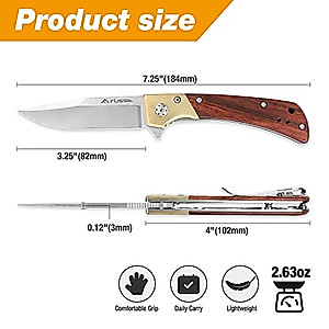 FLISSA D2 Steel Pocket Knife, Folding Knife with Ball Bearing, Elegant Copper & Wood Handle, Liner Lock, Pocket Clip, Cleaning Cloth, Perfect for EDC, Daily Use, Outdoor