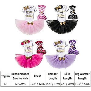 Baby Girls Half 1st 2nd Birthday Outfits Fancy Party Cake Smash Short Sleeve Gold Letter Print Shiny Sequin Bowknot Romper Bodysuit + Tulle Tutu Skirt + Headband + Stripes Leg Warmer 4PCS Clothes Set