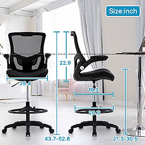 Drafting Chair Tall Office Chair Ergonomic Desh Chair with Lumbar Support Foot Ring Flip Up Arms Height Adjustable Rolling Swivel Mesh Drafting Stool Task Executive Chair for Standing Desk, Black